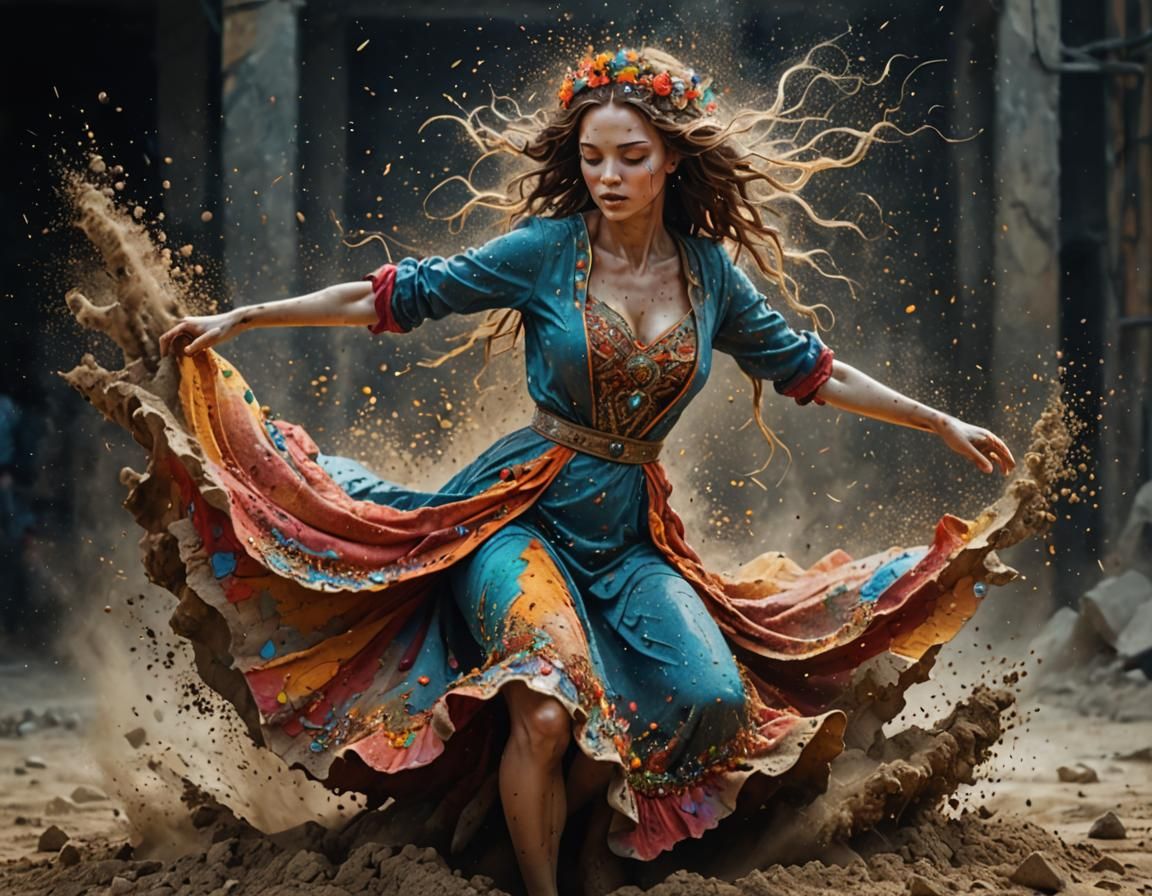 A gorgeous woman-like being created out stone particles, she is coming out from the ground, dust ...