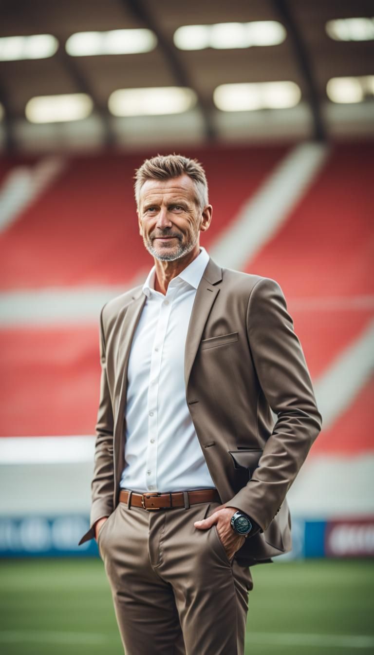 beautiful man Football Coach in a soccer stadium whearing casual suits ...