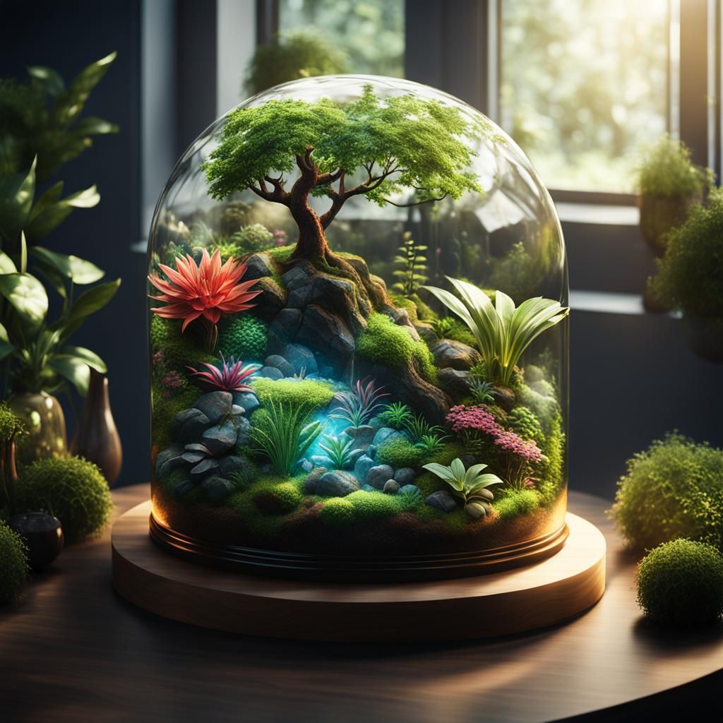 A magical, stunning beautiful detailed terrarium in a higher dimension ...
