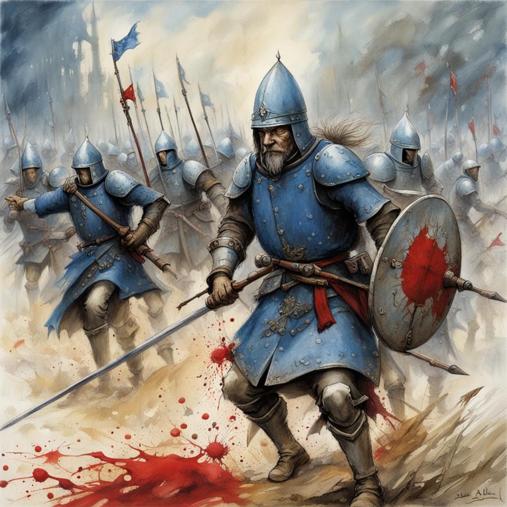 A medieval Lance unit on the battle field, blue and red banneret, loose ...