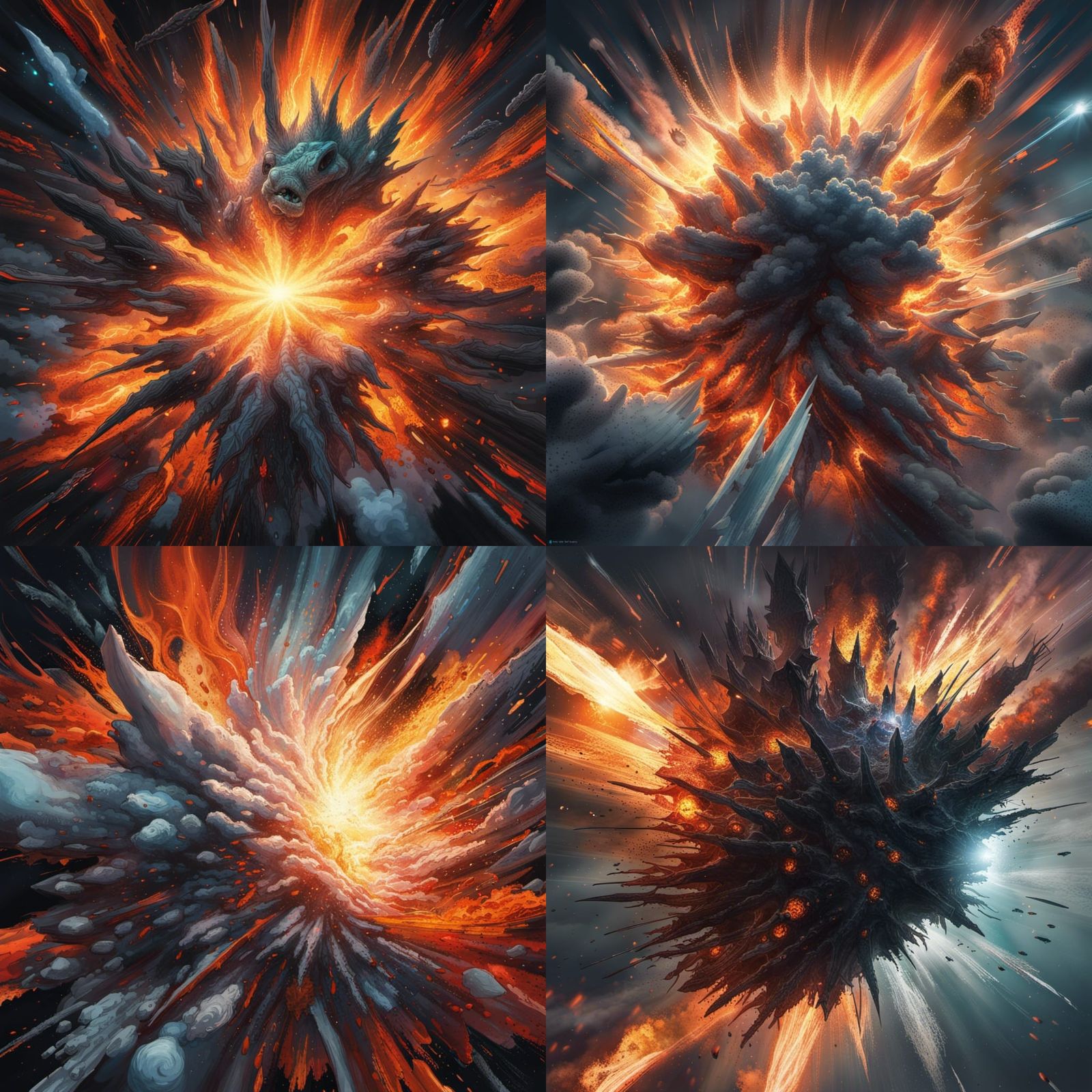 A huge fiery explosion in the pitch black void of chaos. Exploding icy ...