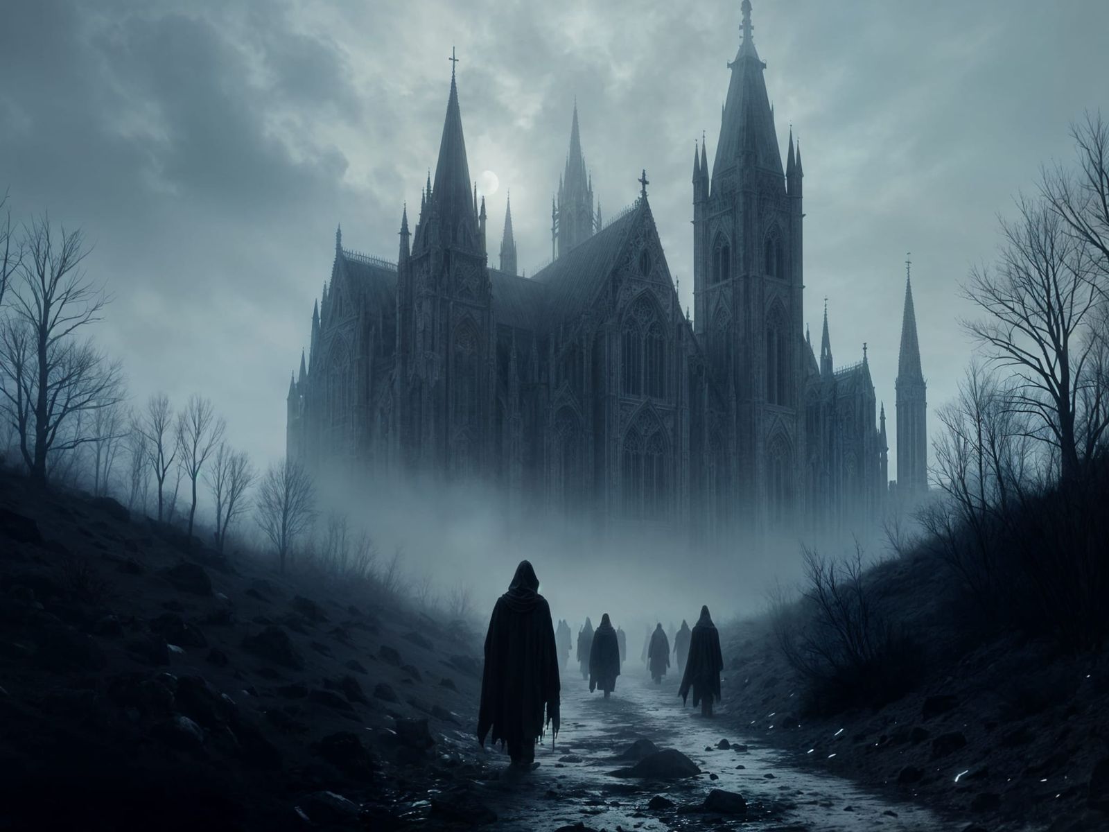 Morne Procession - Gothic Cathedral Amidst Dark Fog in Hyper...