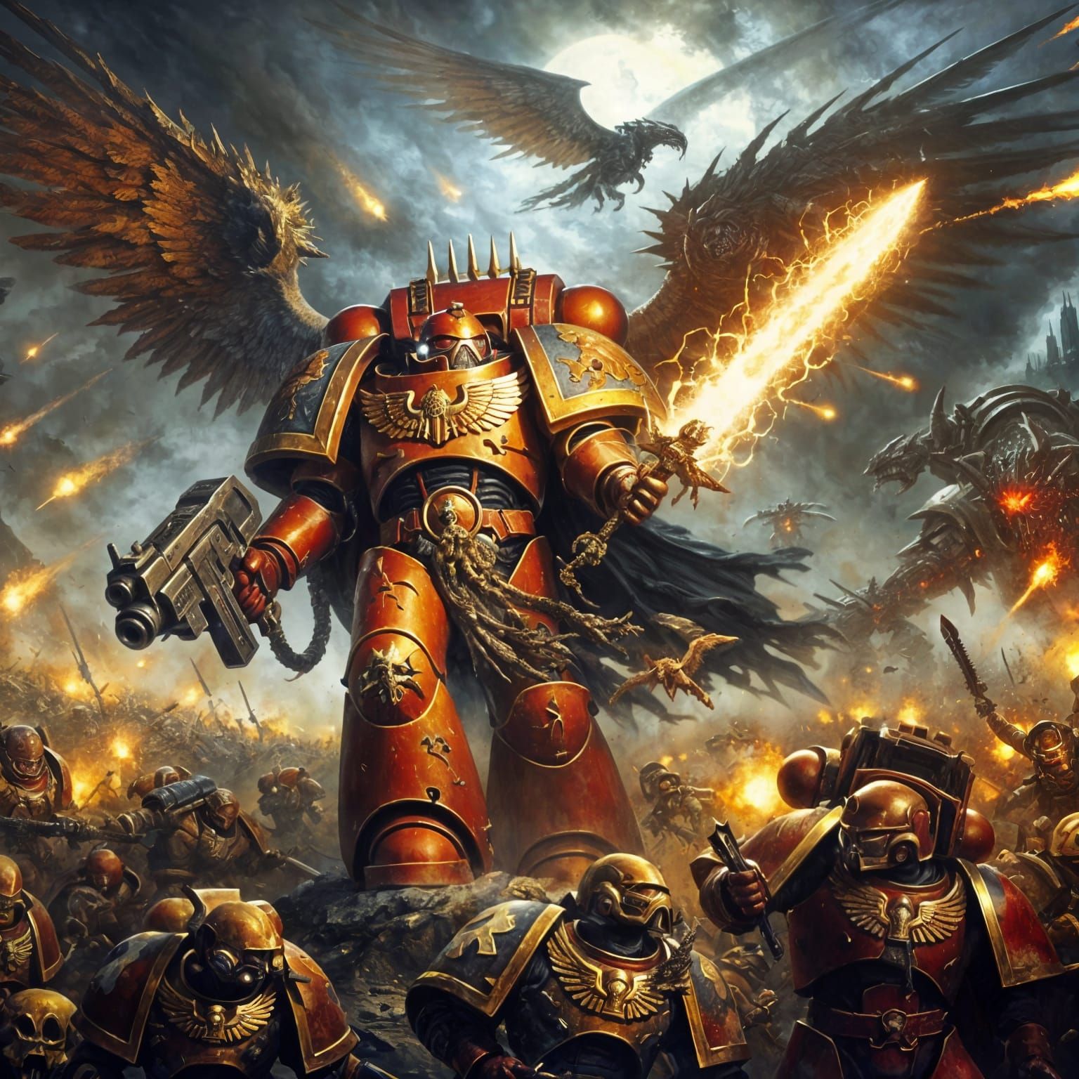 Blood Angels Space Marines: Heroic Captain in shining red armor with ...