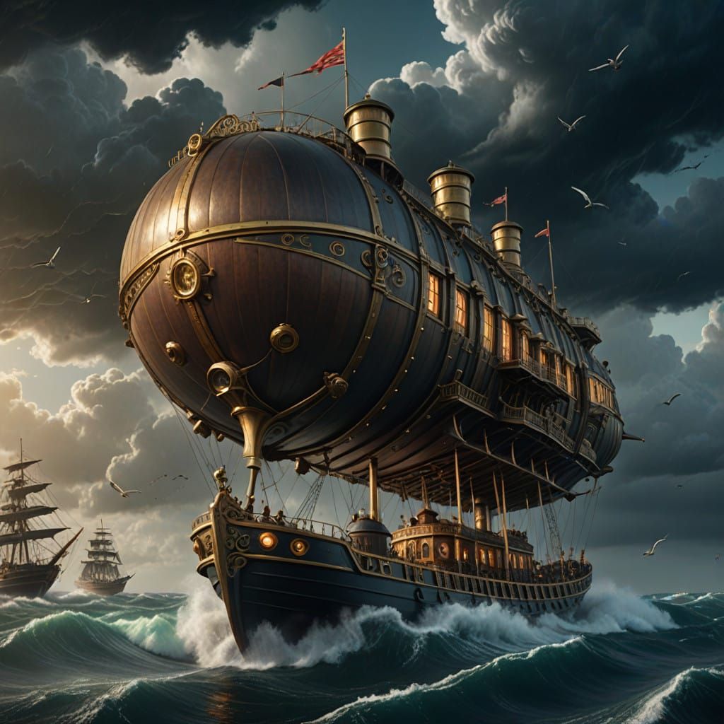 A steam-powered airship with intricate brass propellers and ornate ...