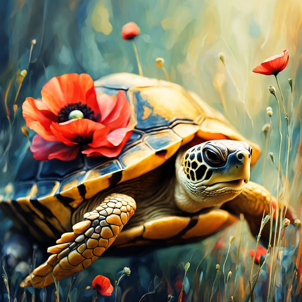 Vibrant Turtle in a Poppies Shell - AI Art