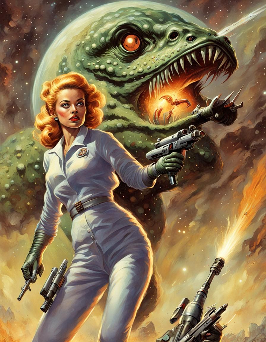 Classic science fiction book cover art of moon maiden with ray gun - AI ...