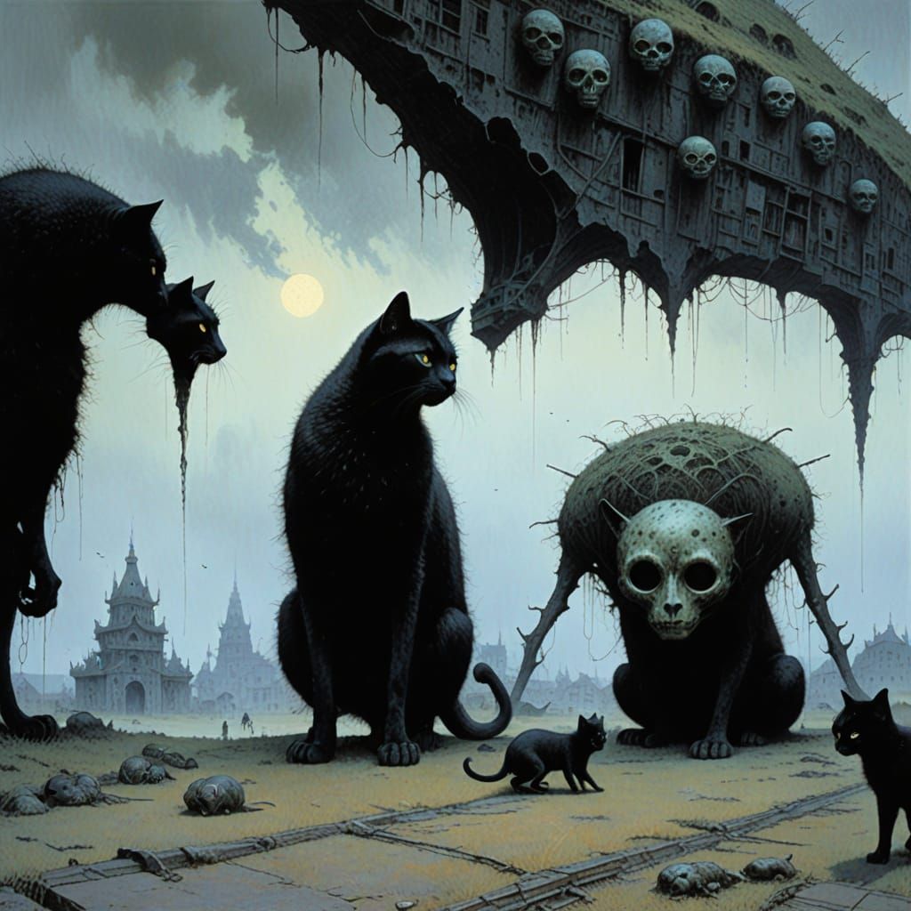 Surreal Dystopian Children Feast on Feral Felines - AI Art
