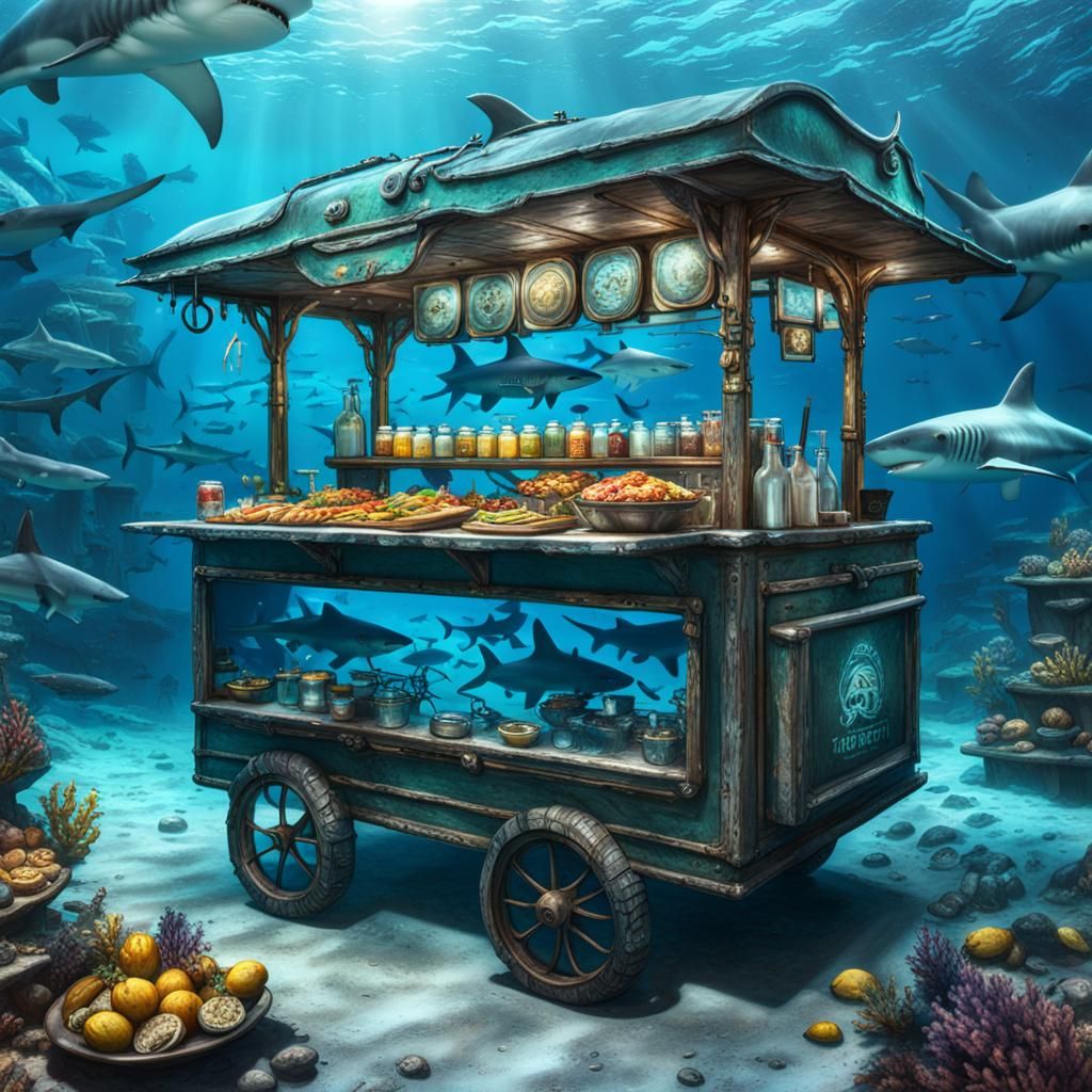 Underwater food cart serving food to swimmers and divers doing scuba ...