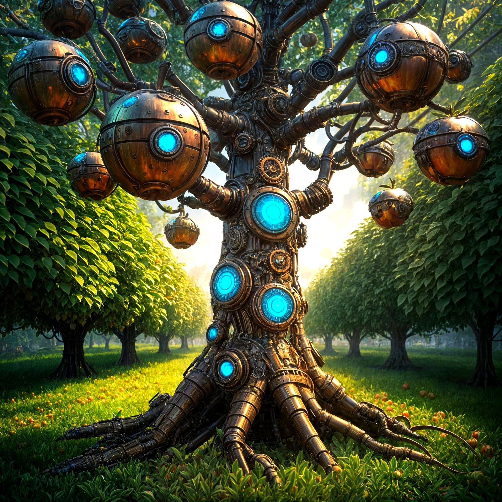 Futuristic STEAMPUNK mech apples tree