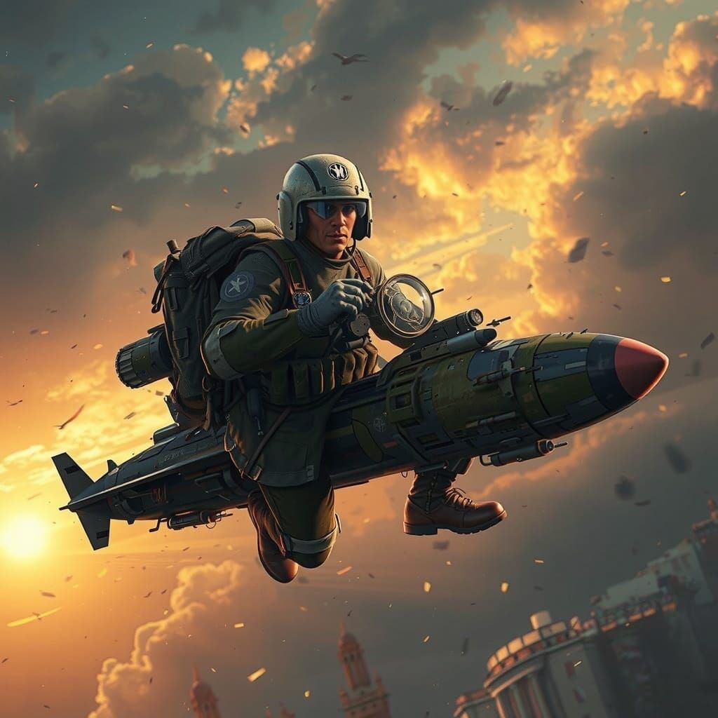WW2 Jet Pack Trooper Soars Above War-Torn Cityscap... - AI Art
