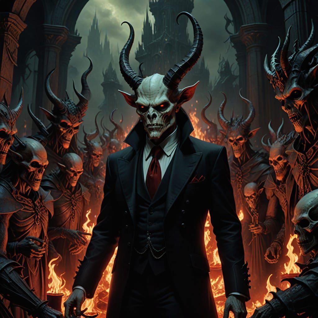 A hyperrealistic, highly detailed ink and oil print of a full satanic ...