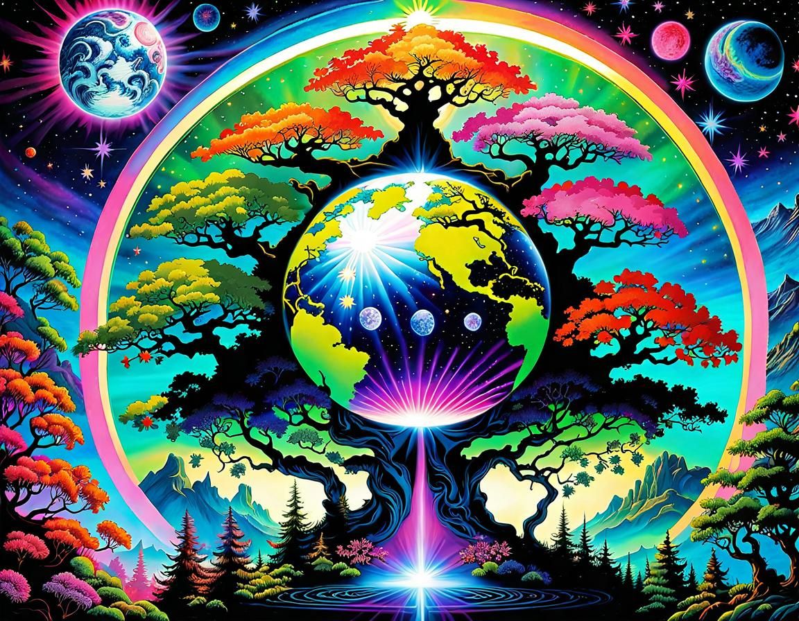 Black light epic fluorescent UV neon planet "earth" floating in space ...