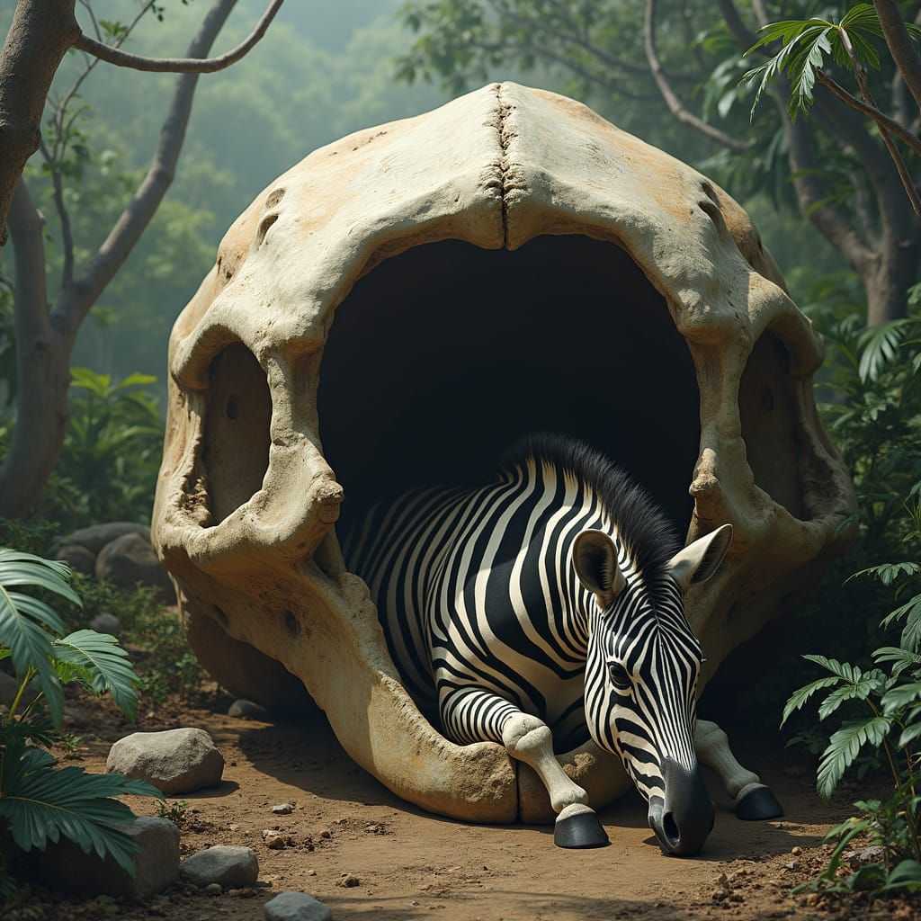 Zebra takes shelter in a prehistoric ribskull in a tropical paradise
