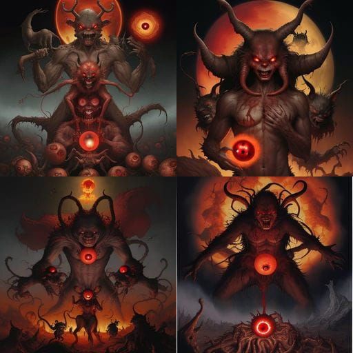 a hellish scene many otherworldly animal human hybrid morphs a huge red ...