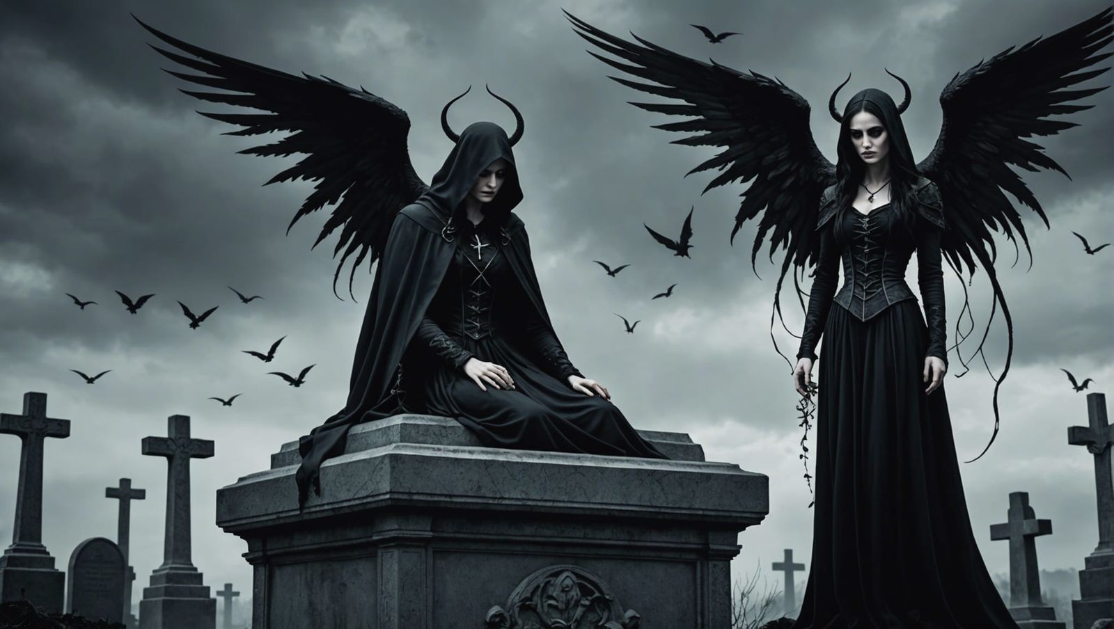 Sad gothic woman mourning for her love on his grave. As Lucifer looks ...