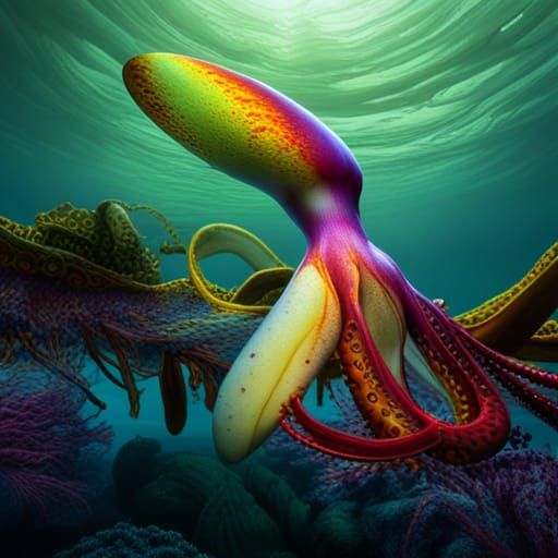 A muti-colored squid, deep in the sea, 8k resolution, a masterpiece ...