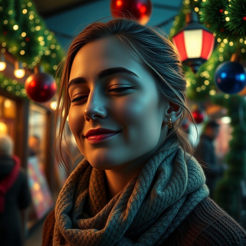 Young Woman Finds Serenity Amidst Vibrant Christma... - AI Art
