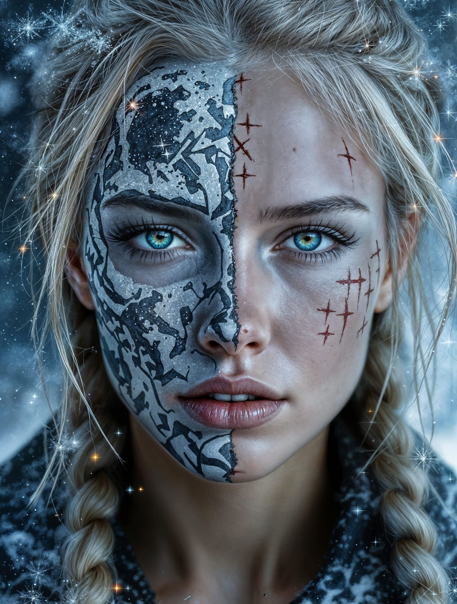 Frost & Scar Portrait - Resilient Beauty in Frosty Twilight