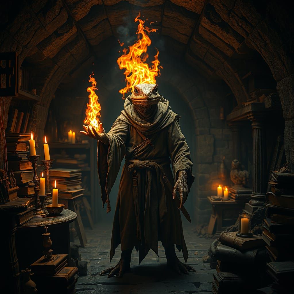 A fire mage lizard wizard - Mystical Lizard Wizard in a Dark...
