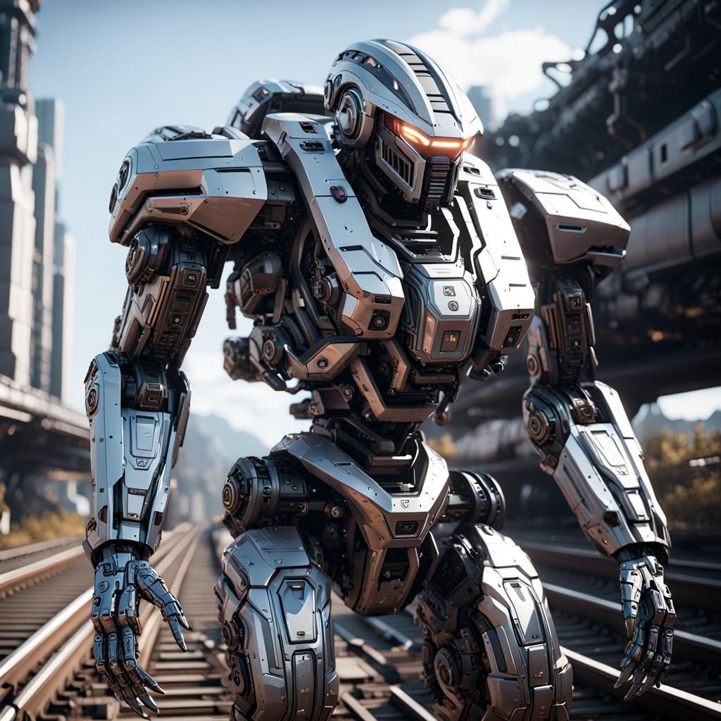 Train driving mech suit intricate mech details, ground level shot, 8K ...