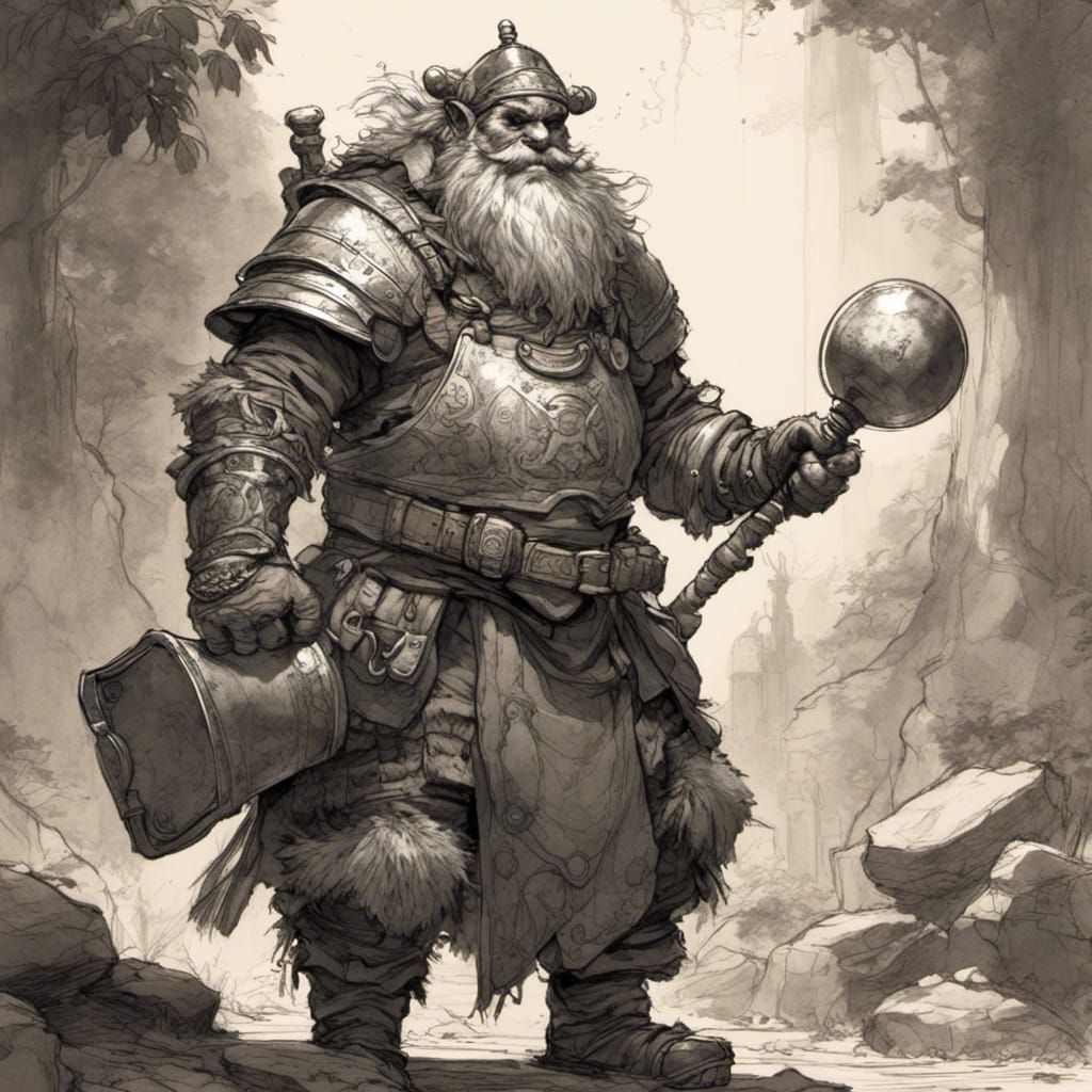 an artificer dwarf with one battle axe metal armour, holding a flask of ...