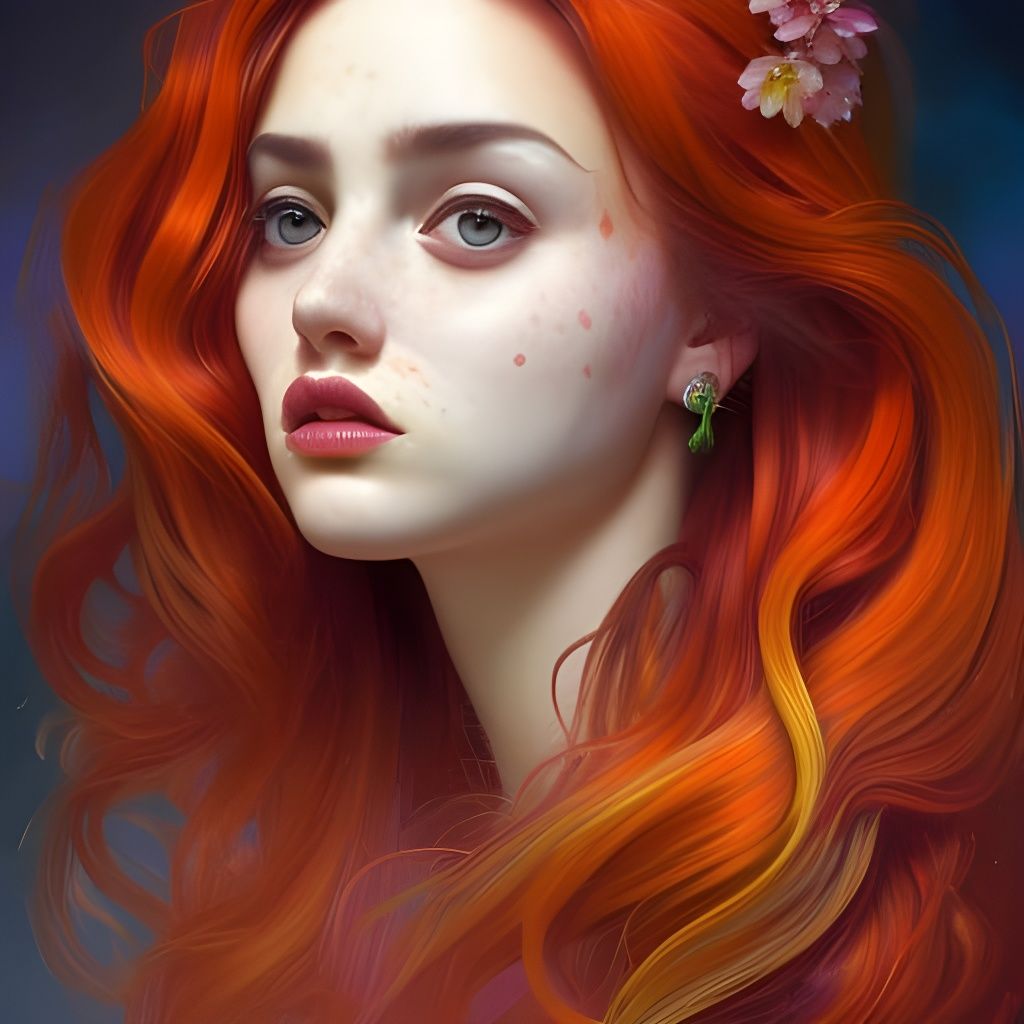 girl, freckles, big doe eyes, full lips, fiery locks of long wavy hair ...