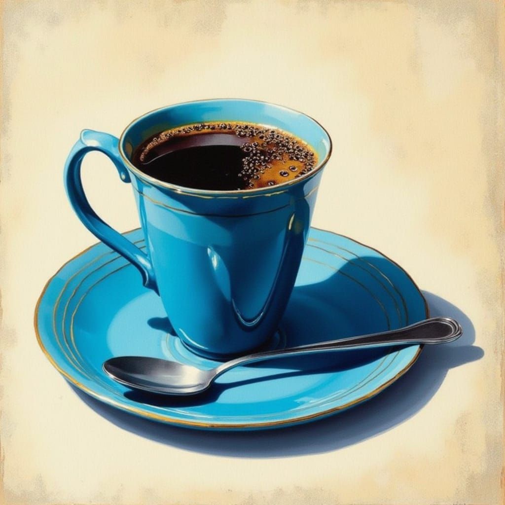 Vibrant Blue Coffee Cup in a Warm, Golden Light - AI Art