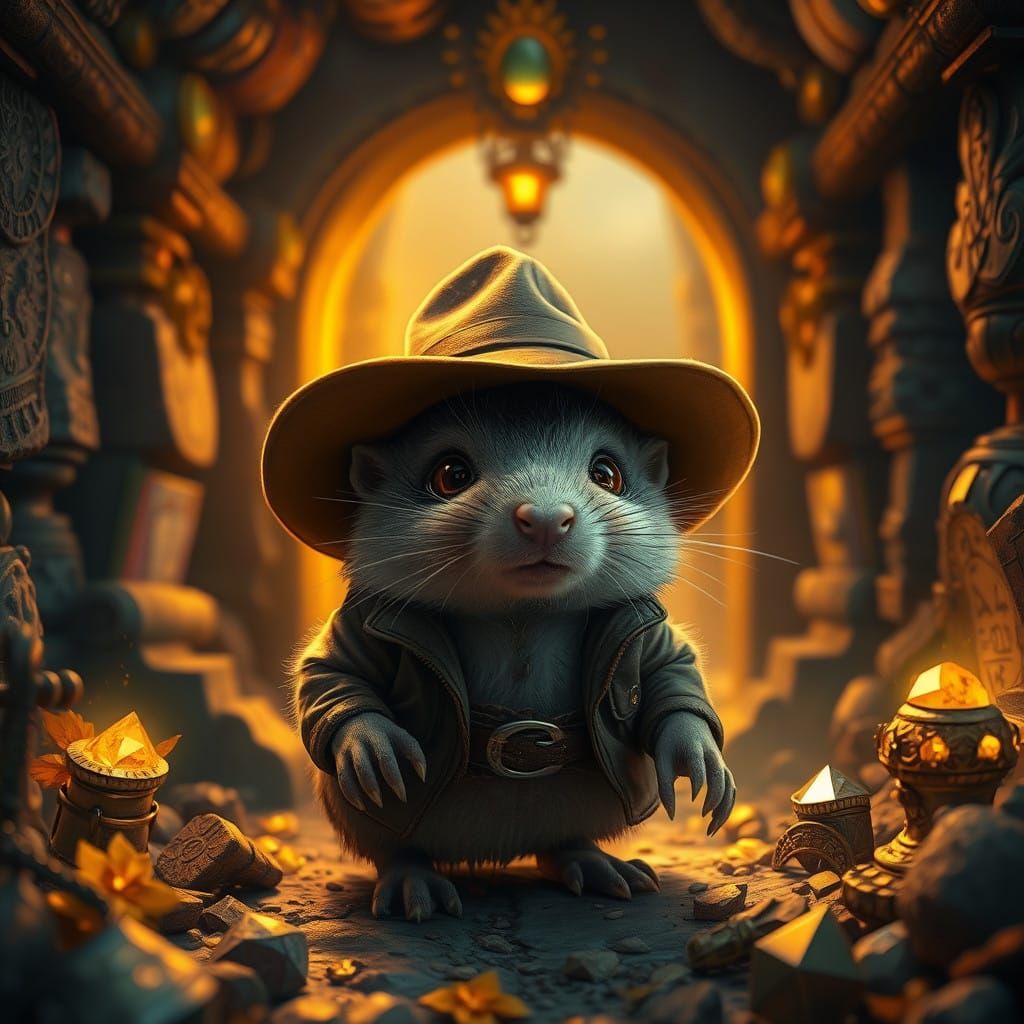 A baby mole dressed like Indiana Jones exploring a ancient temple with ...