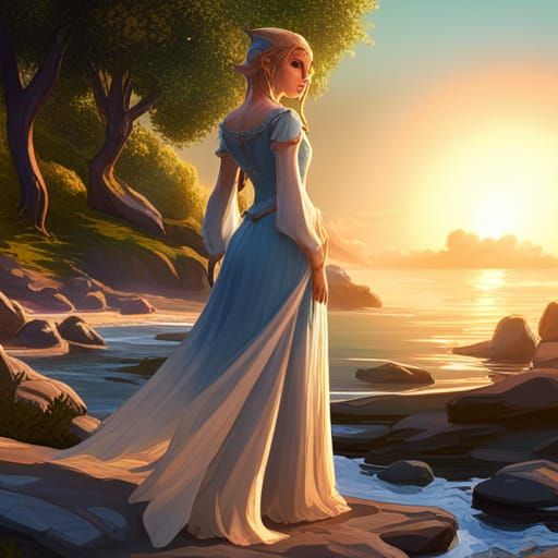 Elf girl in a blue dress looking into the sunset - AI Generated Artwork ...