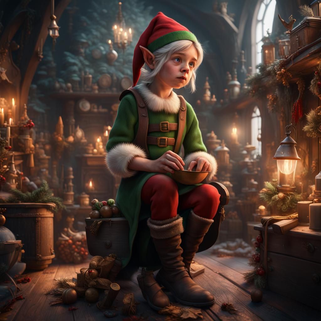 A childlike elf in santa's workshop that has been overworked - AI ...