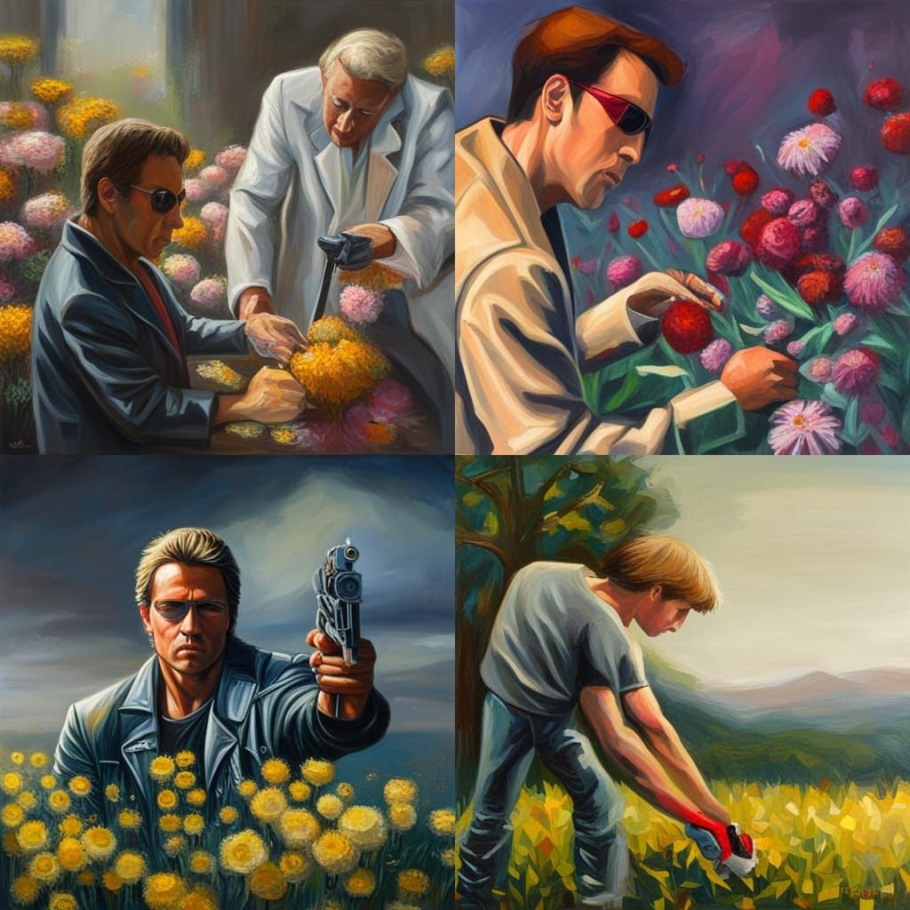 The Terminator picking flowers detailed oil painting - AI Generated ...