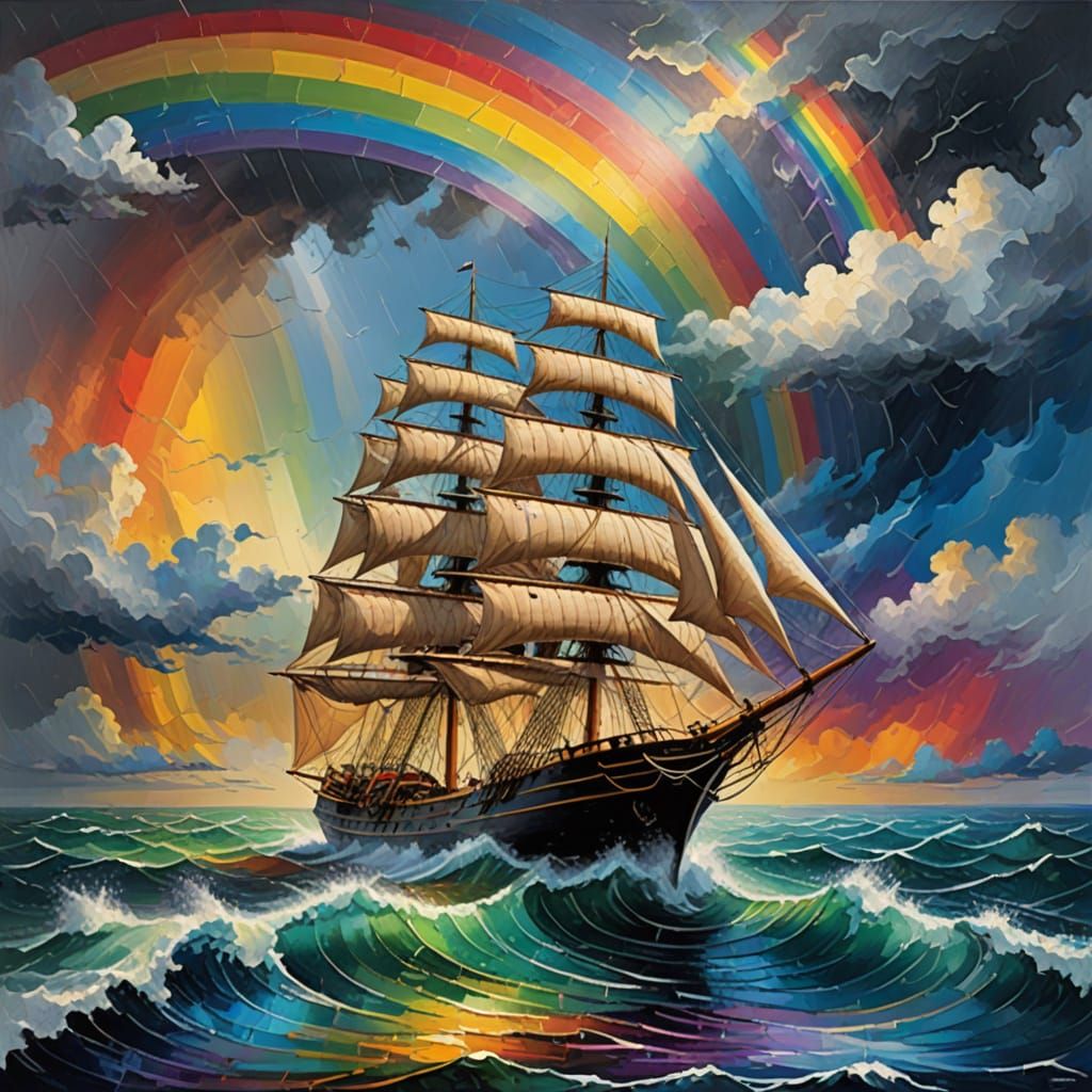 Stormy Seascape with Vibrant Rainbow - AI Art