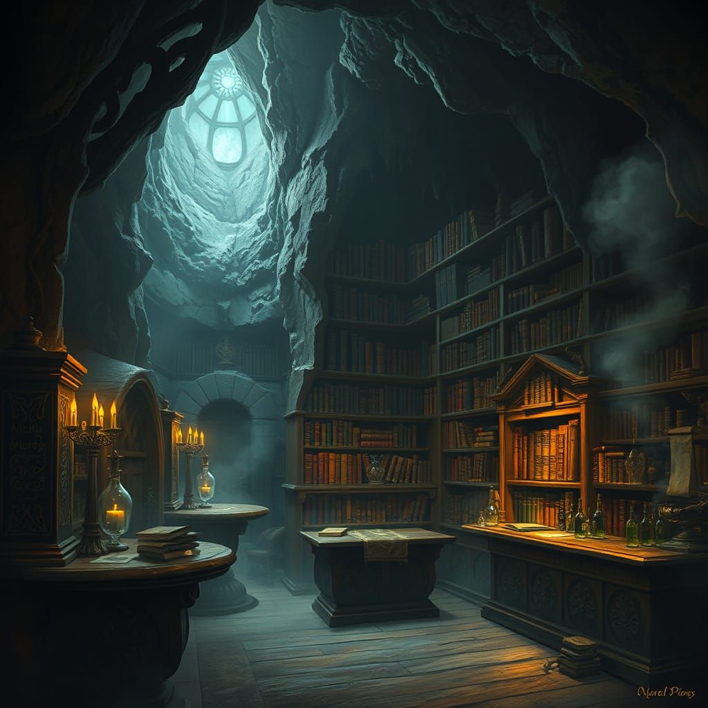 Wizards library full of books and potion bottles and scrolls in a cave