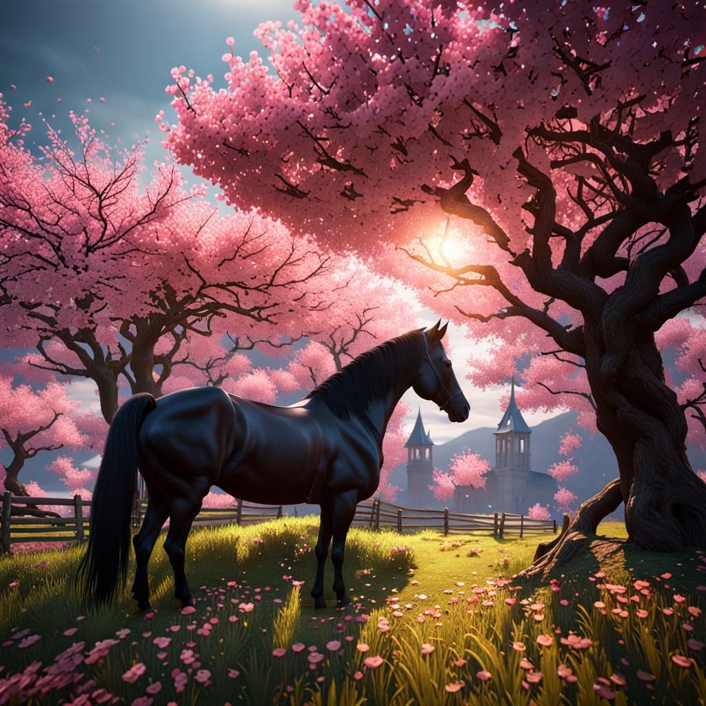black horse and a cherry tree - AI Generated Artwork - NightCafe Creator