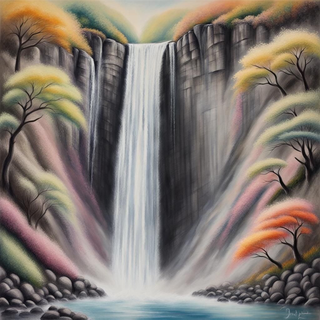 "WATERFALL ON COLORS OF 2023. PAINTING PASTELS TONES CHARCOAL ...