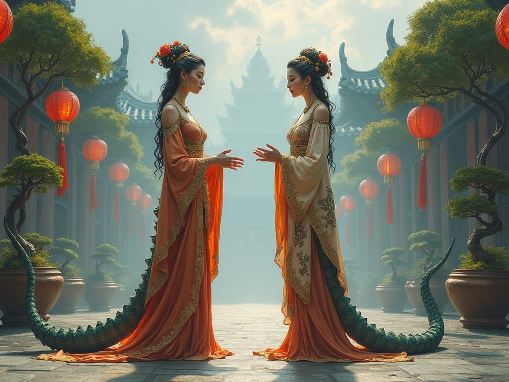 beautiful mythical white snake and green snake characters