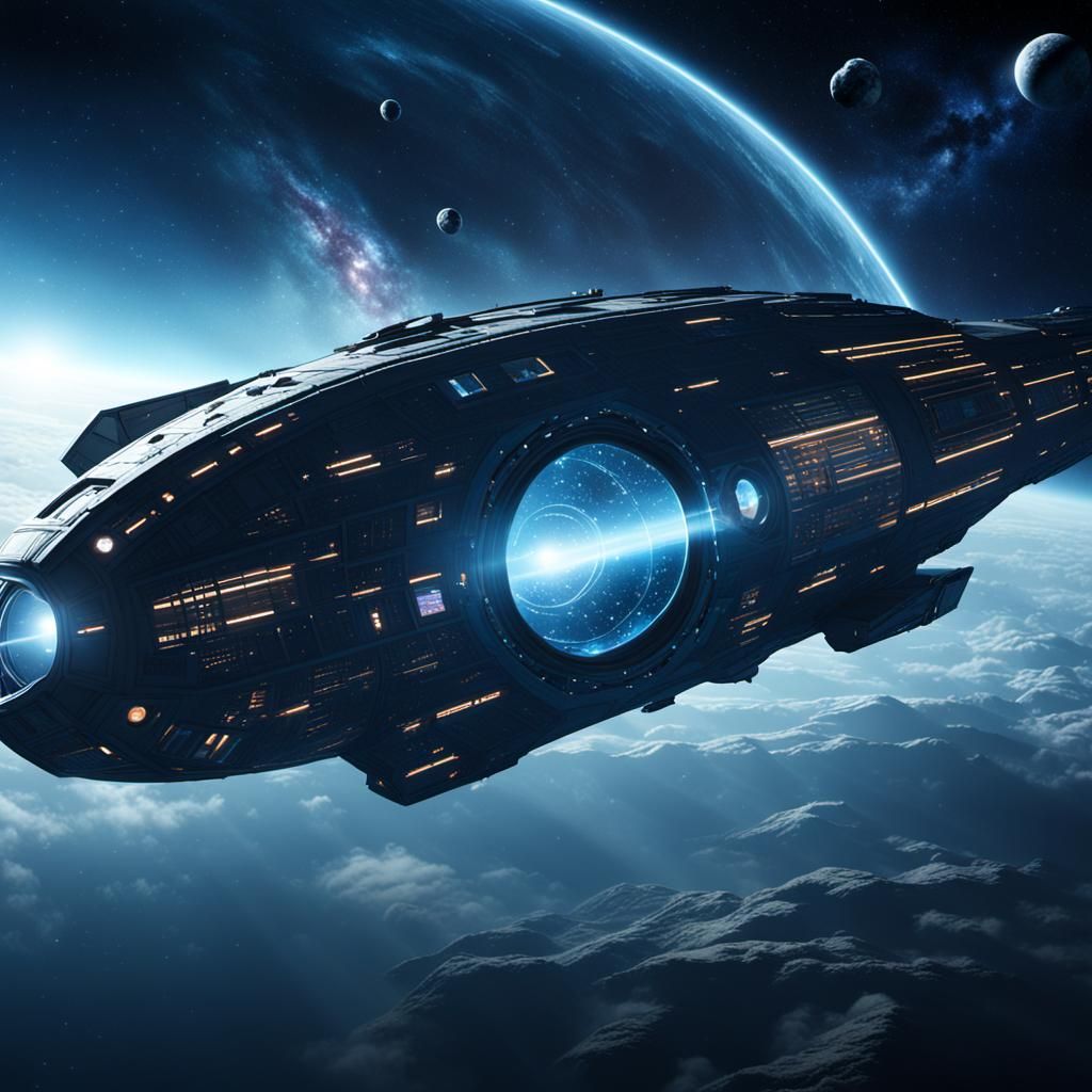 A futuristic wanted poster being projected off a spaceship into the ...