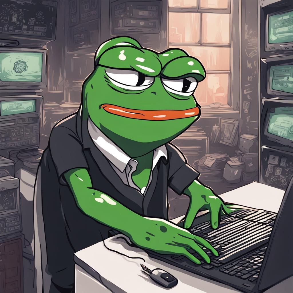 Developer pepe the frog, background computers running code, tattoos ...