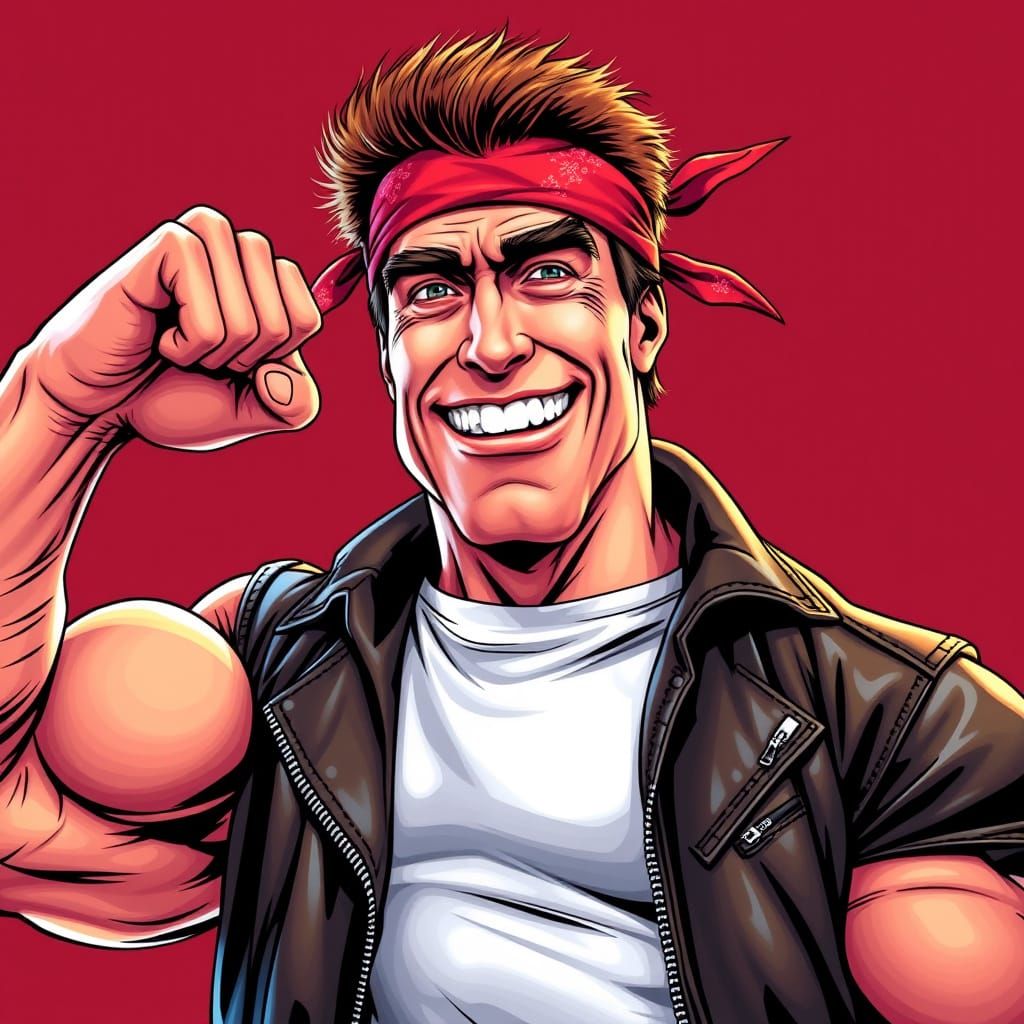 Arnold Schwarzenegger from the 1980s, wearing a bandana and leather ...