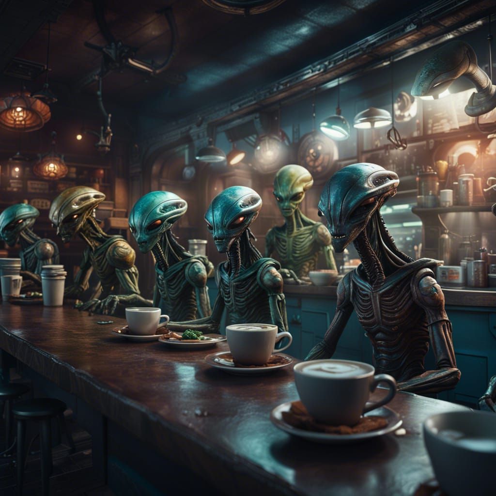 Aliens in line at coffee shop detailed matte painting, deep color ...