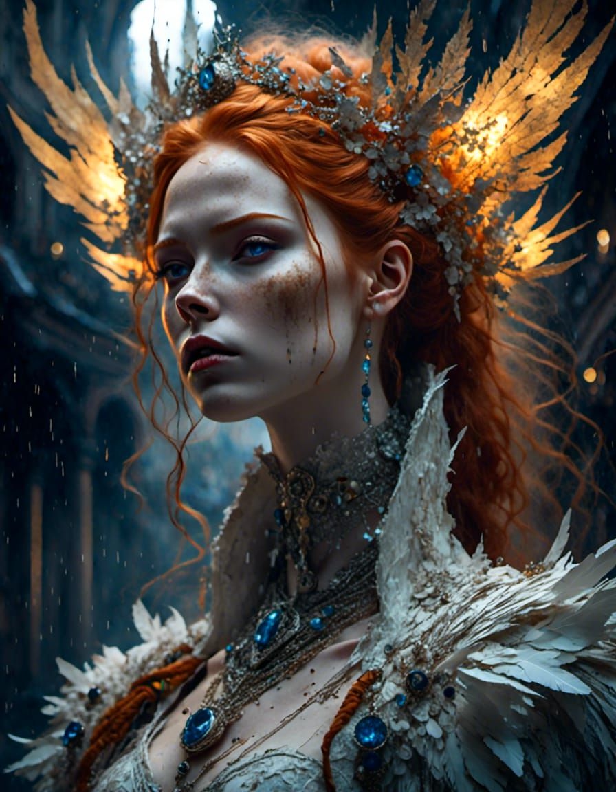 "Gorgeous ginger demon, twilight, burning white city, raining cinders ...