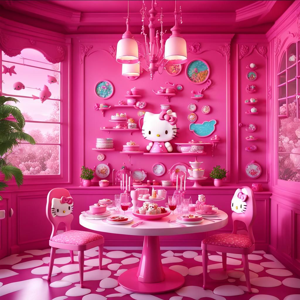 hello kitty themed dining room with a pink pink table with hello kitty ...