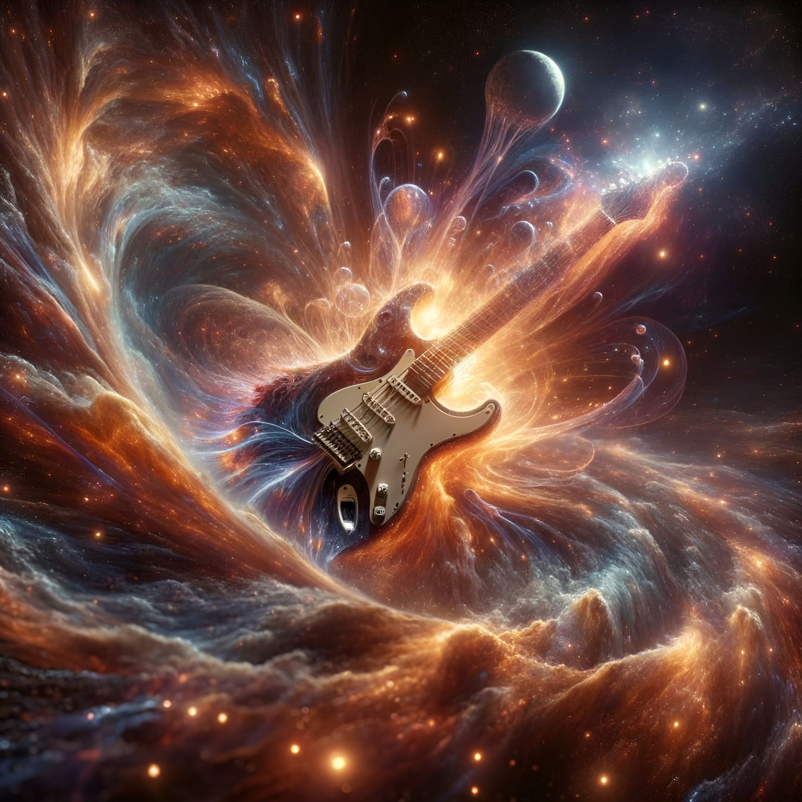 An electric guitar emerging from a Supernova in a heavenly spacefield ...