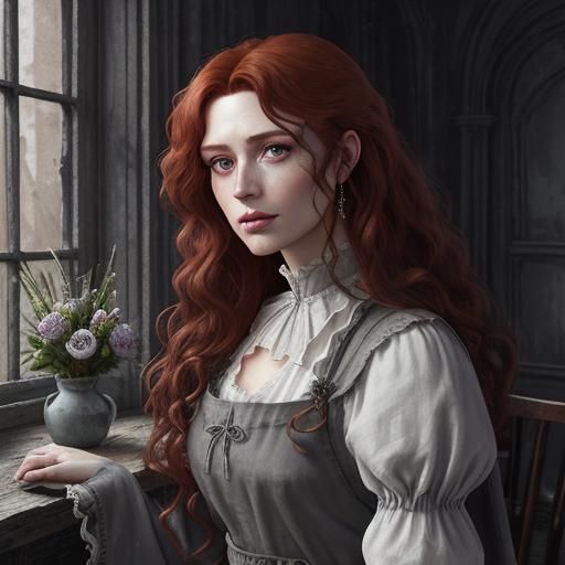 Pretty young woman, curly copper hair, violet eyes, Sitting in old ...