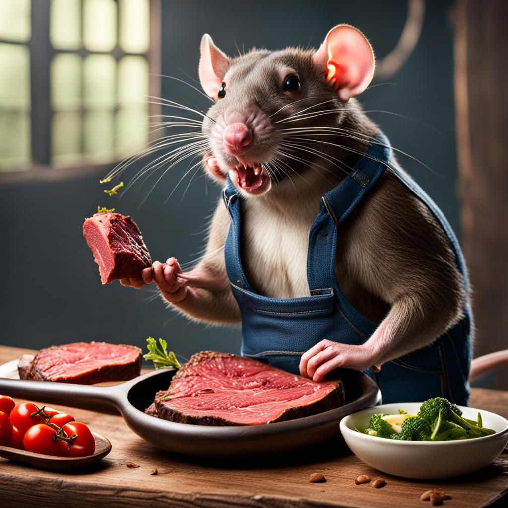 muscular rat wearing shorts eating a raw piece of steak - AI Generated ...