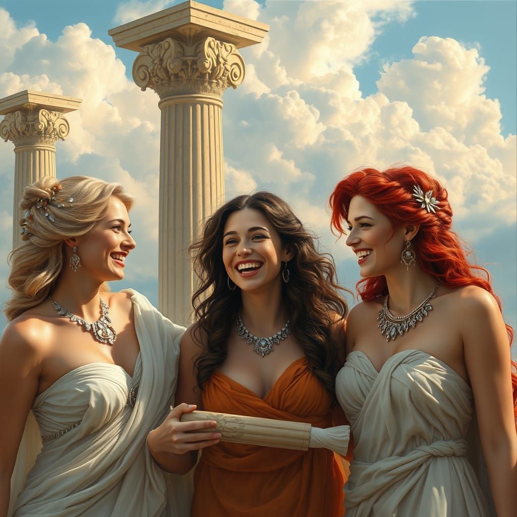 Greek Goddesses in Joyful Gathering, Hyperrealisti... - AI Art