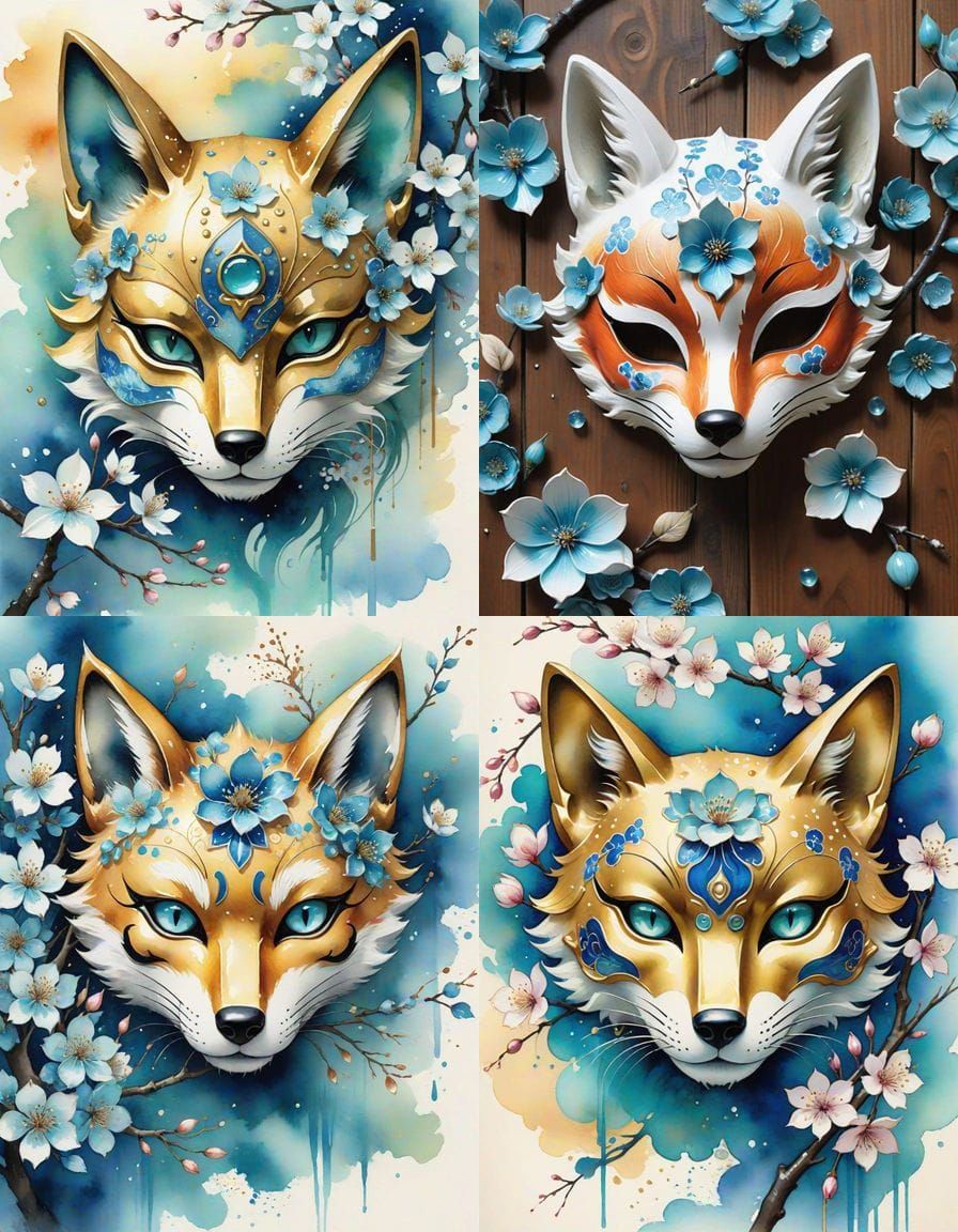 Authentic gold and blue Japanese kitsune mask, decorated with blue ...