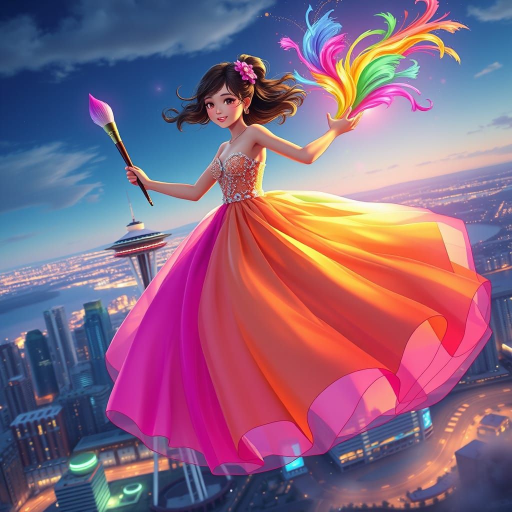 Vibrant Prom Goddess Paints Seattle Space Needle i... - AI Art