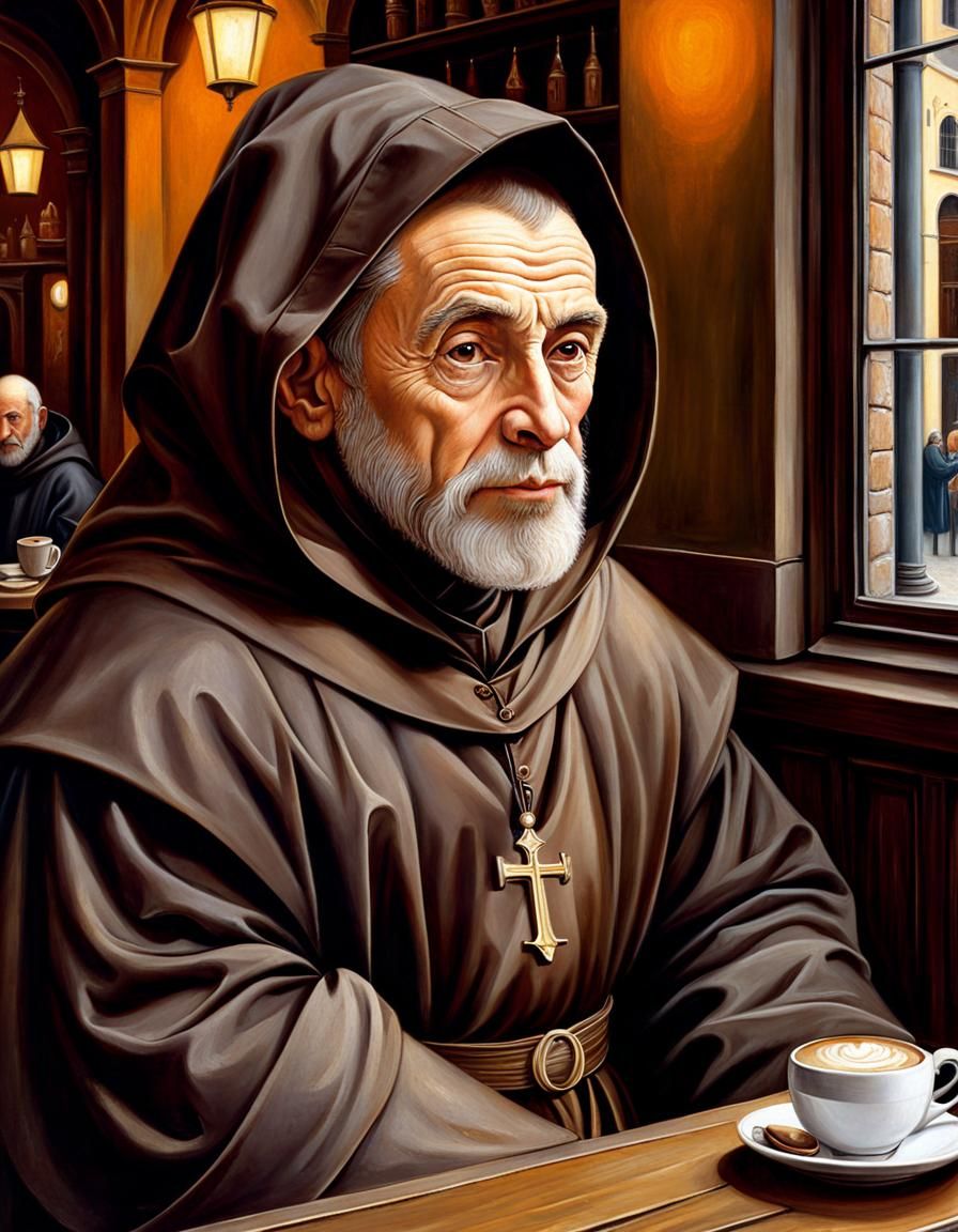 Capuchin friar drinking a cup of cappuccino. - AI Generated Artwork ...