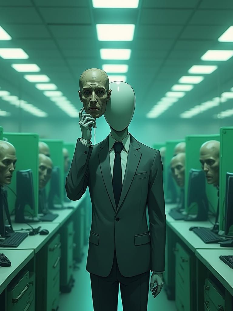 Faceless Executive Confronts Disturbing Reality in... - AI Art
